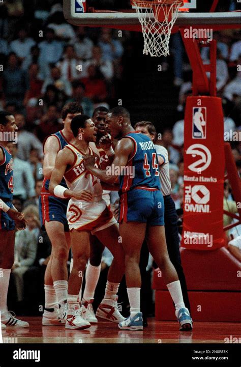 Atlanta Hawks Guard Glenn Rivers Left Is Shoved By Detroit Pistons