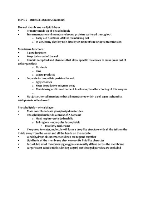 Intracellular Signalling TOPIC INTRACELLULAR SIGNALLING The Cell Membrane A Lipid