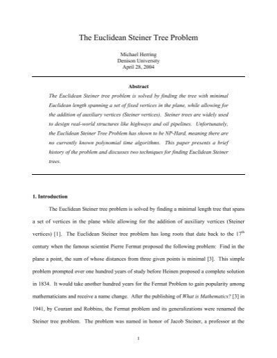 The Euclidean Steiner Tree Problem