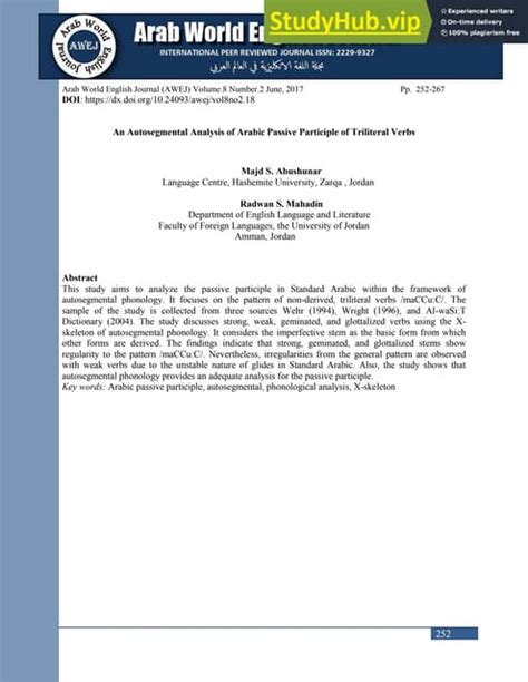 An Autosegmental Analysis Of Arabic Passive Participle Of Triliteral Verbs An Autosegmental