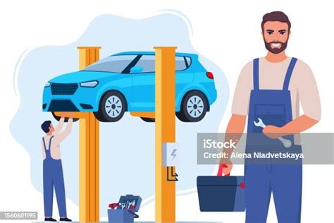 자동차 수리 자동차 근처의 자동차 정비사가 자동 리프트로 들어 올렸습니다 자동차 서비스 및 수리 진단 자동 서비스 벡터 그림입니다 기계공에 대한 스톡 벡터 아트 및 기타