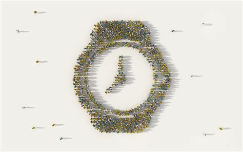 흰색 배경에 소셜 미디어와 지역 사회 개념에 시계 기호를 형성하는 사람들의 큰 그룹 위에서 군중 그림의 3d 기호가 함께 모여