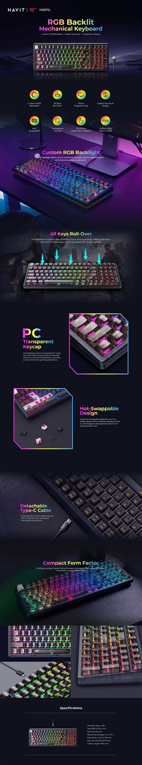 Havit Kb L Gamenote Usb To Type C Rgb Backlit Custom Lighting Mechanical Keyboard With