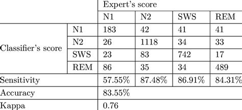 confusion matrix and result of classifying epochs into four stages for