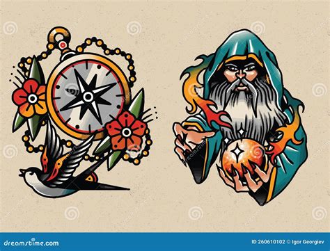 Old Skool Tattoo Flash Set Vector Illustration Poster Template Stock Vector Illustration Of