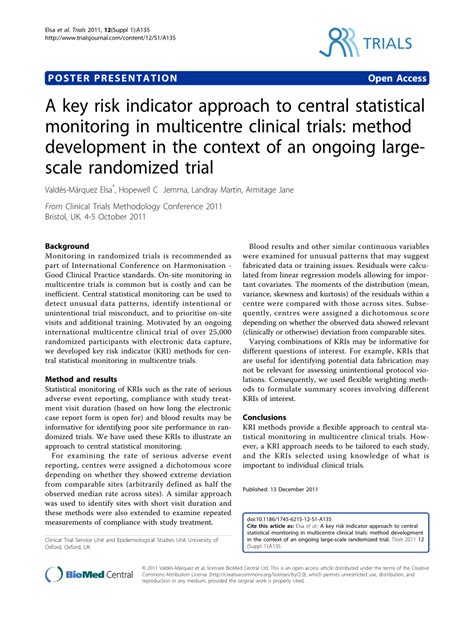 Pdf A Key Risk Indicator Approach To Central Statistical Monitoring In Multicentre Clinical