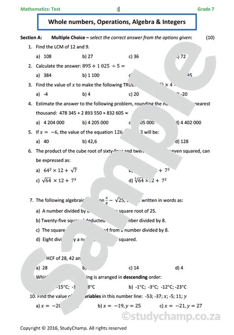 Grade 7 Mathematics Test Operations Integers And Algebra