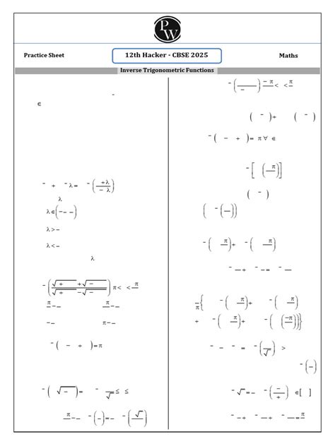 Inverse Trigonometric Functions Practice Sheet 12th Hacker Cbse 2025 Pdf Trigonometric