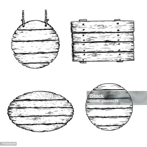 손으로 그린 스케치 스타일 나무 간판 세트 다른 모양과 양식 수집 흰색 배경에 고립 된 벡터 일러스트레이션 목재 재료에 대한