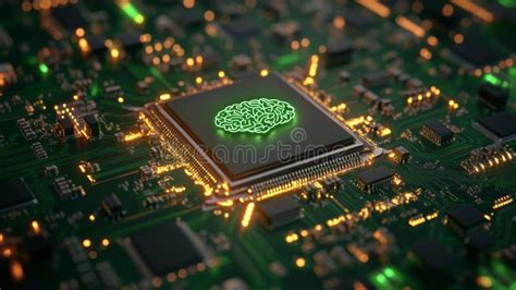 Futuristic Green Ai Chip Circuit Board With Glowing Brain Design Stock Image Image Of