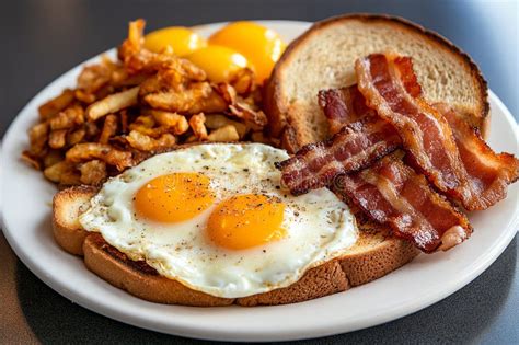 A Classic American Diner Style Breakfast With Over Easy Eggs Crispy