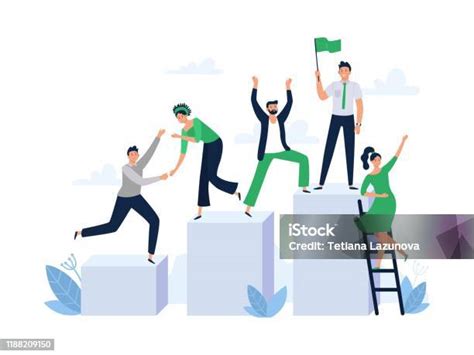 팀 사람들과 함께 하는 커리어 사다리 사무실 작업자 홀드 플래그 그룹 리더 및 팀 건물 플랫 벡터 그림 팀 빌딩에 대한 스톡