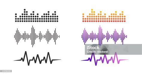 라디오 음파 아이콘 벡터 세트 또는 음성 음악 오디오 리듬 라인 녹음 음파 리듬 또는 트랙 파형 신호 클립 파트 그래픽 튜닝 펄스 또는 주파수 Dj 비트 클립 아트 디스코