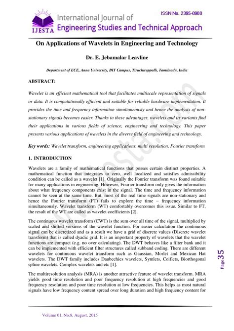 Pdf On Applications Of Wavelets In Engineering And Technology