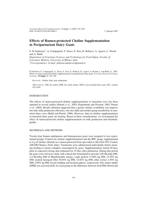 Pdf Effects Of Rumen Protected Choline Supplementation In Periparturient Dairy Goats
