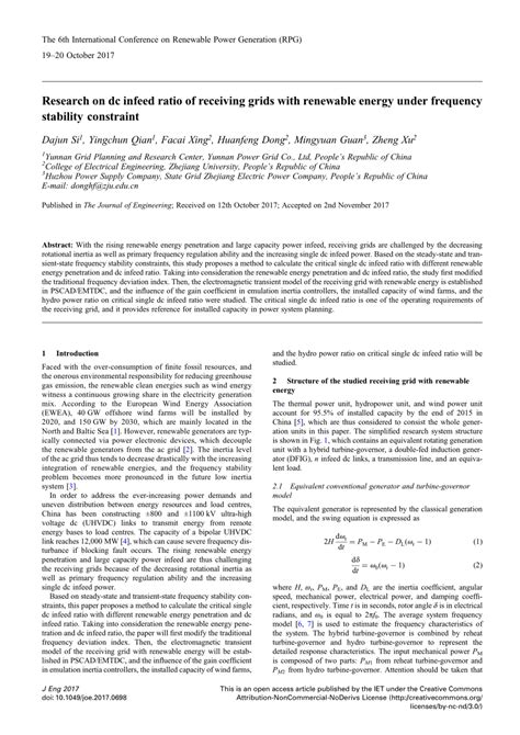 Pdf Research On Dc Infeed Ratio Of Receiving Grids With Renewable Energy Under Frequency