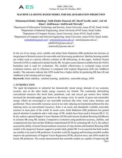 Pdf Machine Learning Based Model For Solar Radiation Prediction