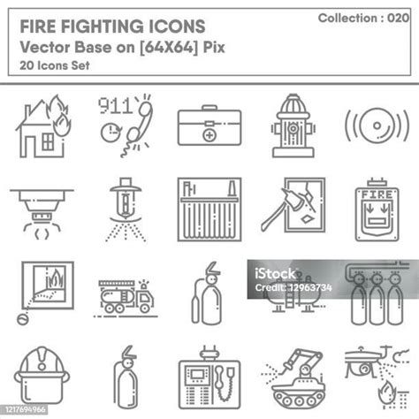 소방 및 소방 시스템 안전 아이콘 세트 화재 예방 시스템을 구축하기위한 소방관 장비 도구 사고 보안 부서 기호 아이콘