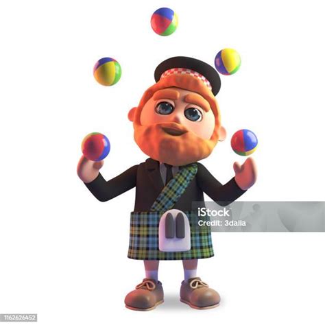 빨간 수염과 타탄 킬트 저글링 공 3d 삽화와 만화 3d 스코틀랜드 사람 3차원 형태에 대한 스톡 사진 및 기타 이미지 3차원 형태 드레스 디자인 Istock