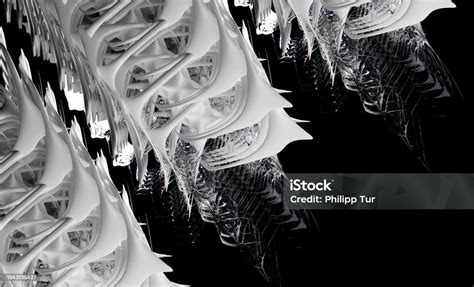 초현실적 인 외계인 프랙탈 현대 건축 구조의 일부가 검은 배경에 흰색 세라믹과 유리 부분의 반복되는 패턴을 기반으로 하는 추상