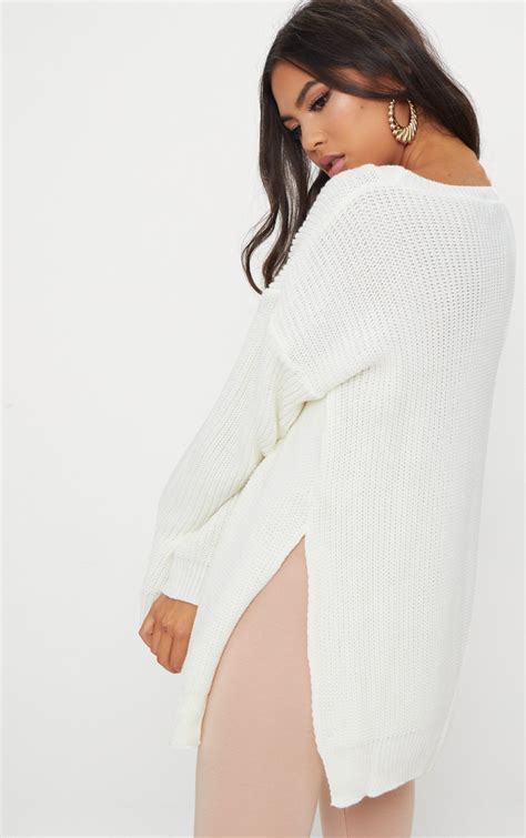 Rexx Cream Round Neck Side Split Jumper Prettylittlething Aus