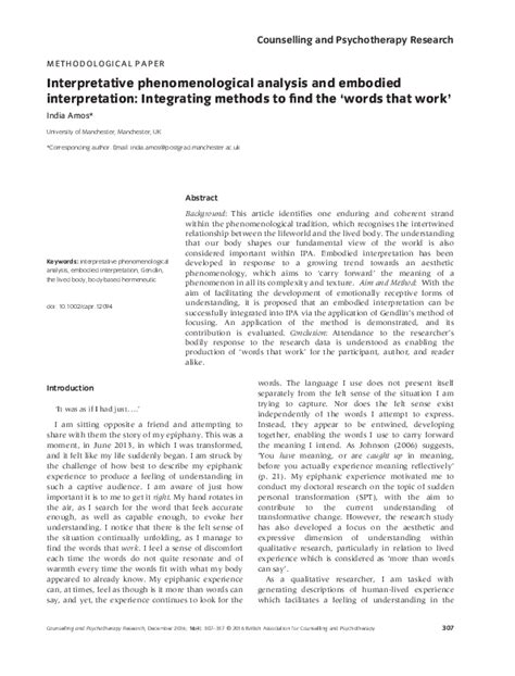 Pdf Interpretative Phenomenological Analysis And Embodied Interpretation Integrating Methods