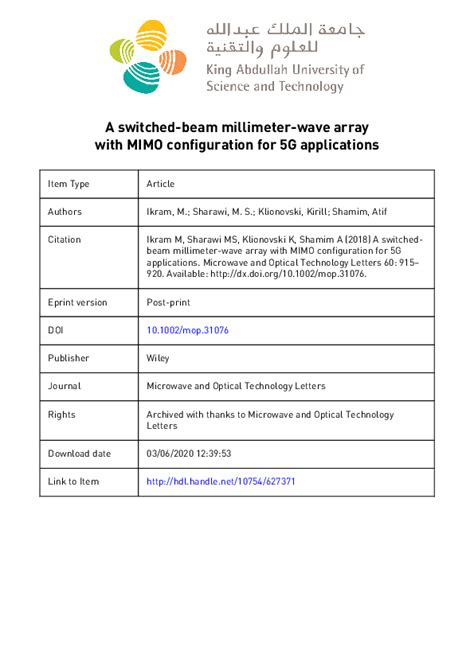 Pdf A Switched Beam Millimeter Wave Array With Mimo Configuration For