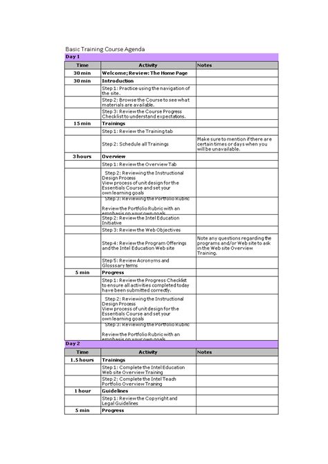 Training Outline Template Excel