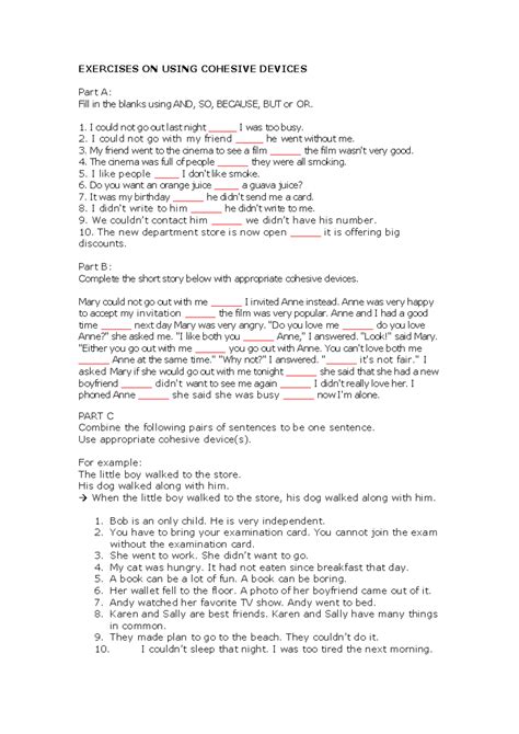 Exercises On Using Cohesive Devices EXERCISES ON USING COHESIVE DEVICES Part A Fill In The