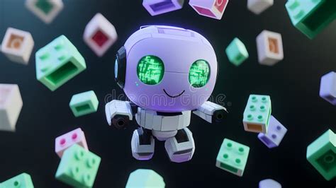 Cute Robot Floating Among Colorful Building Blocks Stock Image Image