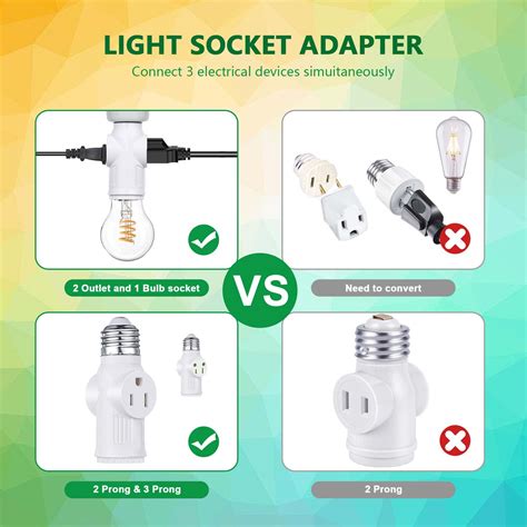 2 Pcs 3 Prong Light Bulb Outlet Socket Plug Adapter Polarized White Light Bulb