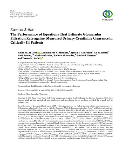 Pdf The Performance Of Equations That Estimate Glomerular Filtration Rate Against Measured