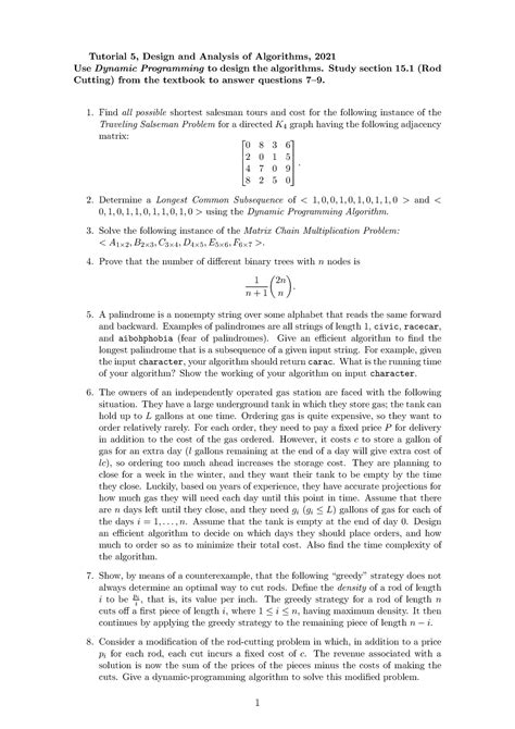 Tutorial 05 Tutorial 5 Design And Analysis Of Algorithms 2021 Use Dynamic Programming To