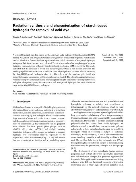 Pdf Radiation Synthesis And Characterization Of Starch Based
