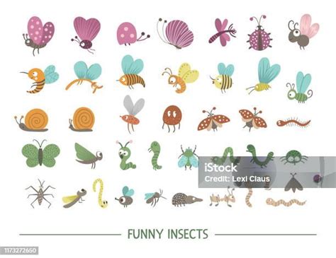 벡터 손으로 그린 플랫 곤충의 집합입니다 재미 버그 컬렉션입니다 나비 꿀벌 어린이 디자인 인쇄 문구를위한 애벌레와 귀여운 숲 그림 나비에 대한 스톡 벡터 아트 및 기타