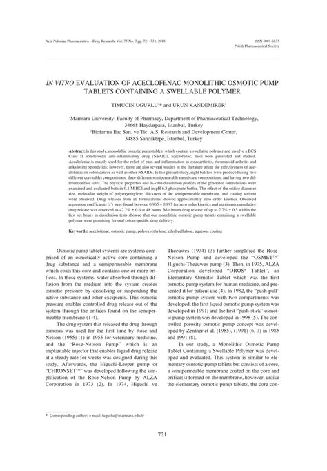 Pdf In Vitro Evaluation Of Aceclofenac Monolithic Osmotic Pump Tablets Containing A Swellable