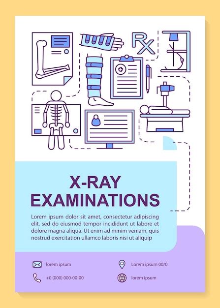 엑스레이 검사 브로셔 템플릿 레이아웃입니다 병원 장비 전단지 소책자 전단지 인쇄 디자인 선형 삽화 방사선 조사 보고서 광고 포스터용 벡터 페이지 레이아웃