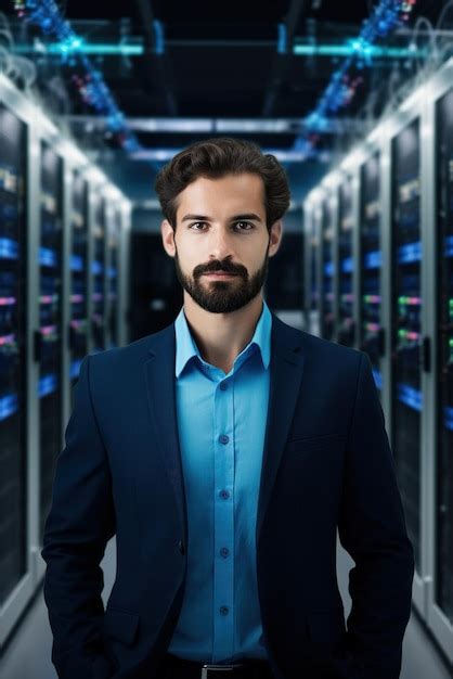 Premium Photo A Young Male It Specialist Standing In A Server Room