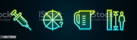 세트 라인 주사기 조각의 원형 측정 컵 및 높이 본체 빛나는 네온 아이콘입니다 벡터 개념에 대한 스톡 벡터 아트 및 기타 이미지 개념 건강 진단 건강관리와 의술