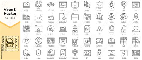 Simple Outline Set Of Virus And Hacker Icons Linear Style Icons Pack Vector Illustration Stock
