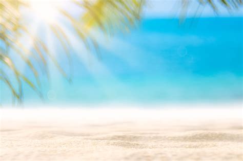 보케 태양 빛 파도 추상적 인 배경열대 해변에 아름다운 자연 녹색 야자수 잎을 흐리게 여름 휴가 및 비즈니스 여행 개념의 공간을