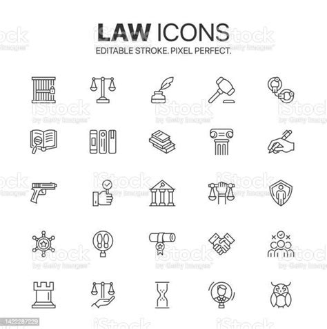 법과 판단 아이콘 세트 법원 법률 및 고버트 및 정의 선형 아이콘 팩 판결에 대한 스톡 벡터 아트 및 기타 이미지 판결