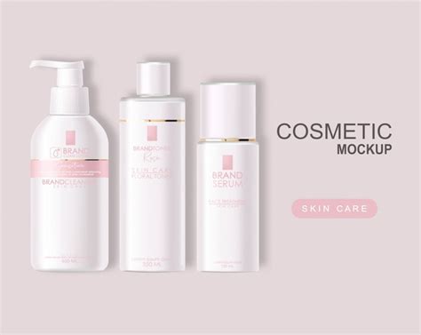 현실적인 화장품 핑크 디자인 흰색 병 세트 포장 모형 스킨 케어 수화 크림 토너 클렌저 세럼 얼굴 치료 격리 된 컨테이너 3d 분홍색 배경 프리미엄 벡터