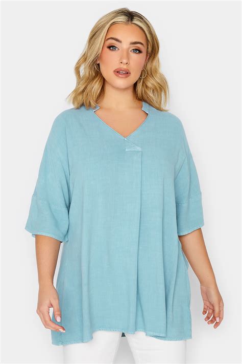 Yours Curve Plus Size Blue Pleat Front Chambray Shirt Yours Clothing