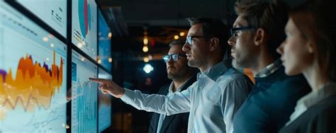 A Consulting Team Analyzing Market Trends On A Shared Touchscreen Display Using Gestures To