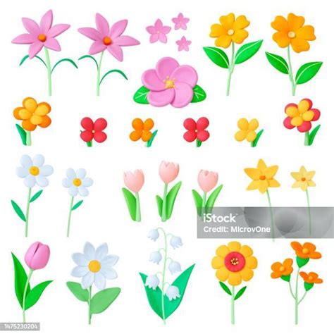꽃 3d 요소 여름 꽃 장난감 점토 렌더링 플라스틱 모방 컬러 튤립 카모마일 잔디 격리된 데이지 현실적인 Pithy 벡터 세트 3차원 형태에 대한 스톡 벡터 아트 및 기타