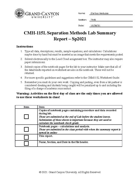 Separations Method Report Section T Date CMH L Separation Methods Lab Summary