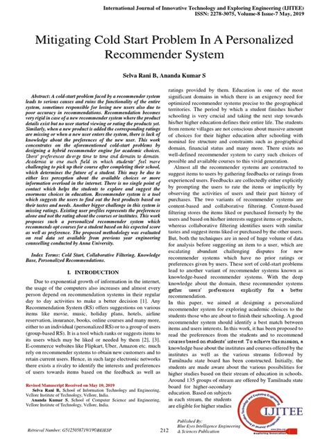 Mitigating Cold Start Problem In Personalized Recommender Systems Pdf