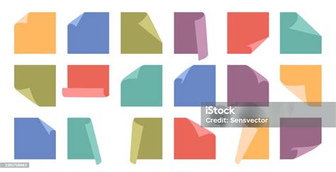 가장자리에 말려 있는 빈 스티커 메모 사무실 또는 학교를 위한 벡터 고립된 편평한 문구용품 페이지의 청결한 조각에 복사 공간 아이디어를 작성하고 남길 수 있는 다채로운