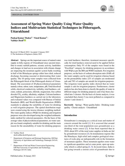 Pdf Assessment Of Spring Water Quality Using Water Quality Indices